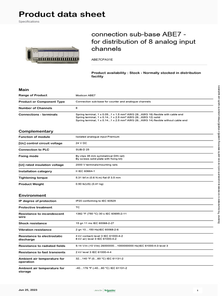 Modicon ABE7 8-Channel Sub-base Specs | PDF | Electrical Resistance And ...