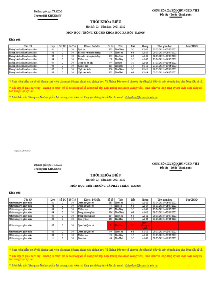 TKB Dai Cuong HK2 2021 2022 (Chinh Thuc) (Xem Theo Mon Hoc) | PDF