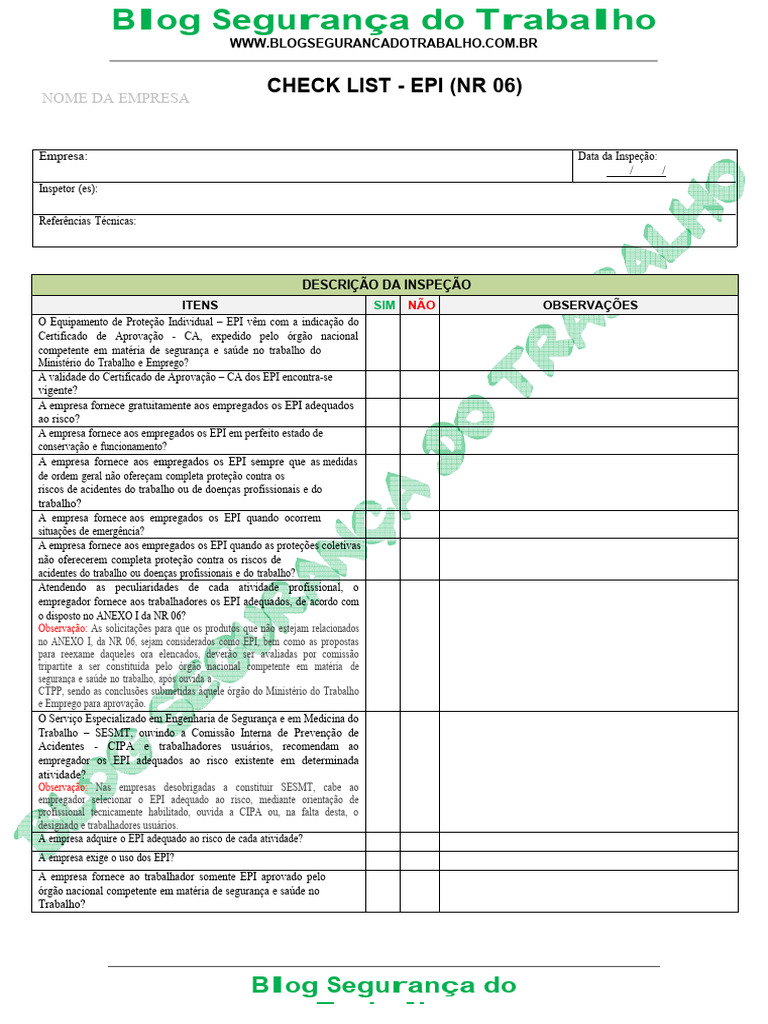 Check List de EPI para Segurança do Trabalho | PDF | Carreira e ...