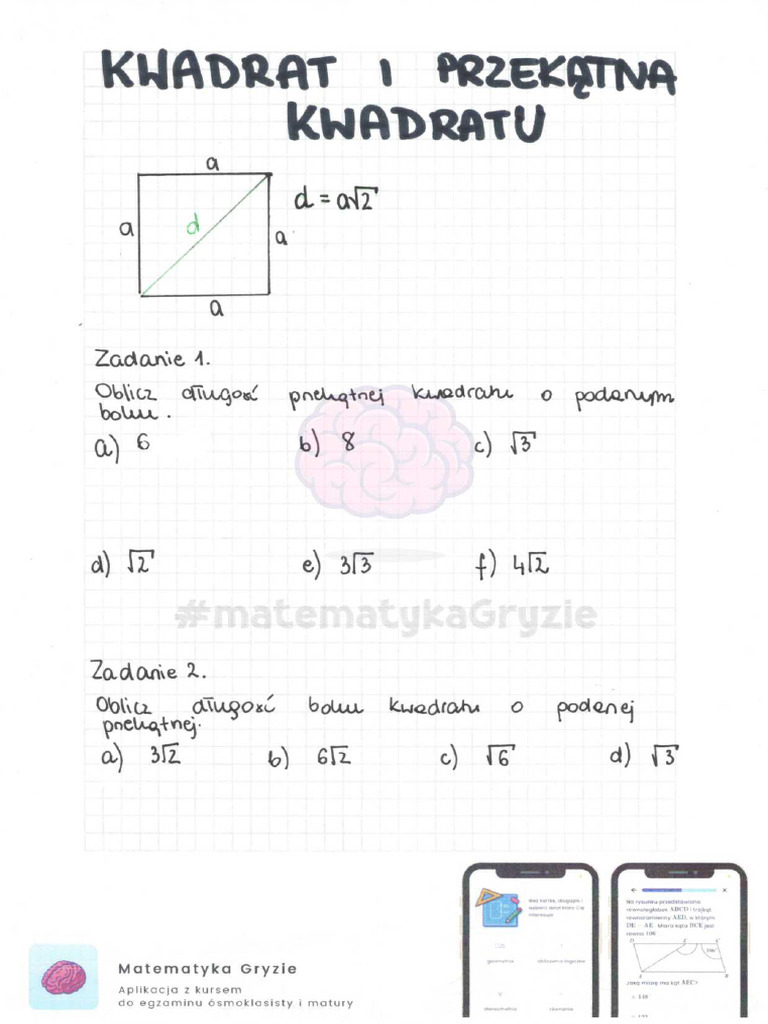 Lessons - Exam - Geometria - 9.8 Kwadrat I Przekątna Kwadratu | PDF