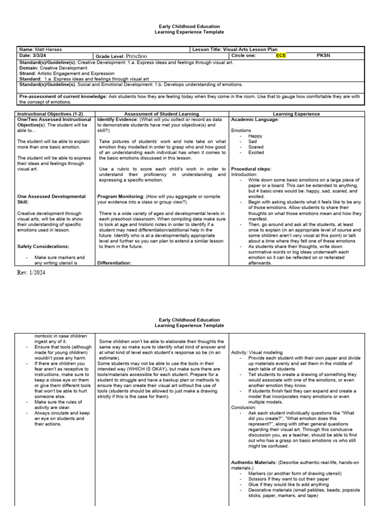 Visual Arts Lesson Plan Jets | PDF | Emotions | Early Childhood Education