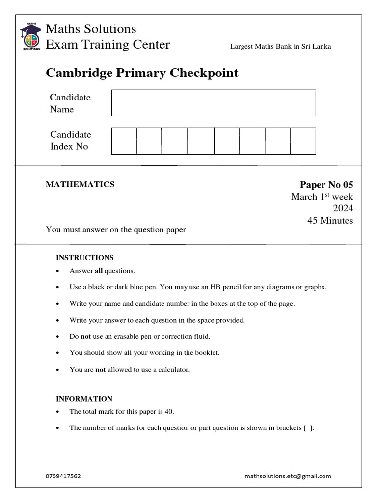 Paper No 05 Cambridge Primary Checkpoint | PDF | Shape | Geometry