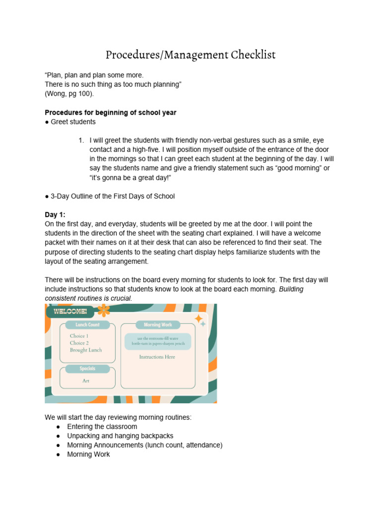 Procedures Management Checklist First Grade 1 | PDF | Classroom ...