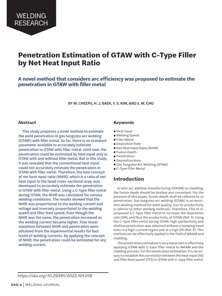 Penetration Estimation of GTAW With C-Type Filler by Net Heat Input ...