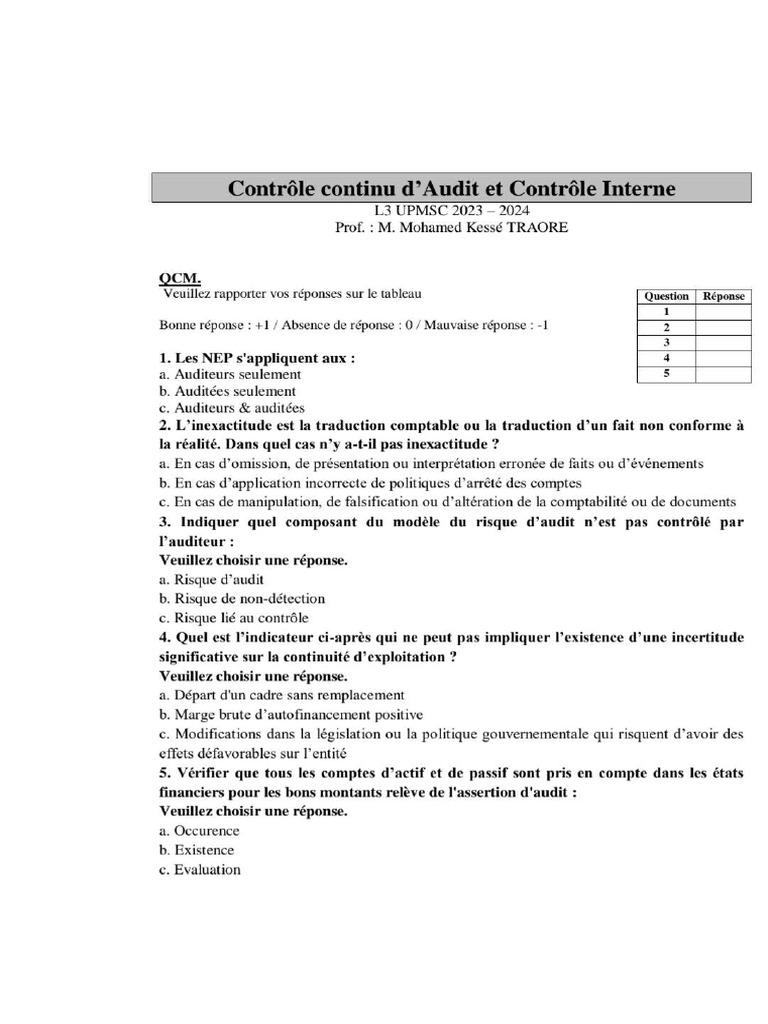 Examen Final Audit Et Contrôle Interne - 240108 - 113312 | PDF