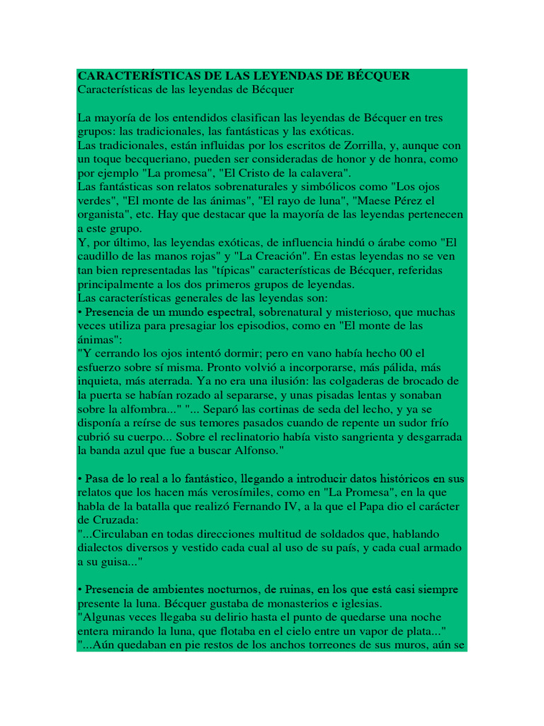CARACTERÍSTICAS DE LAS LEYENDAS DE BÉCQUER | PDF