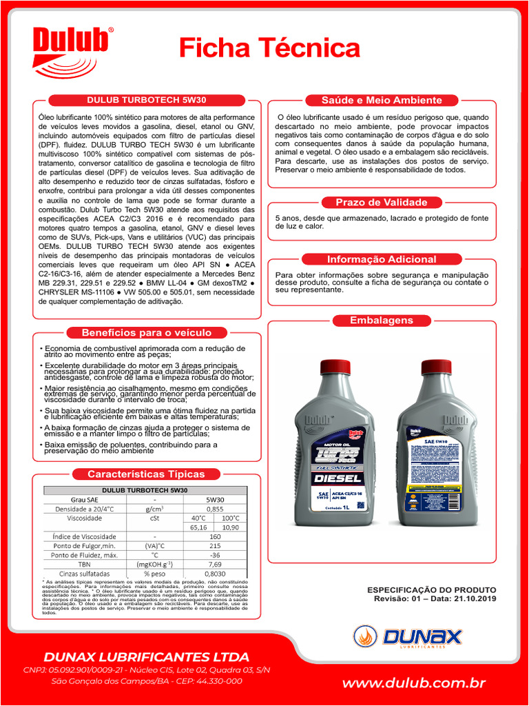TURBOTECH 5W30 - Ficha Técnica | Download grátis PDF | Diesel | Óleo de ...