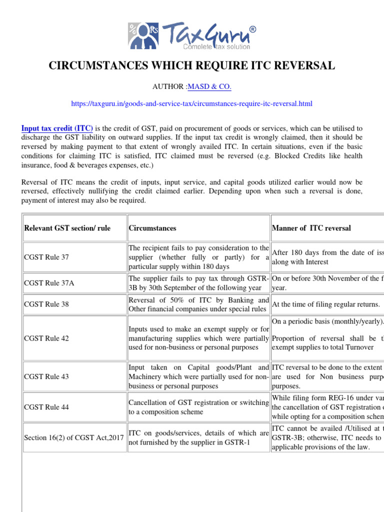 Circumstances Which Require Itc Reversal Taxguru In Pdf Public