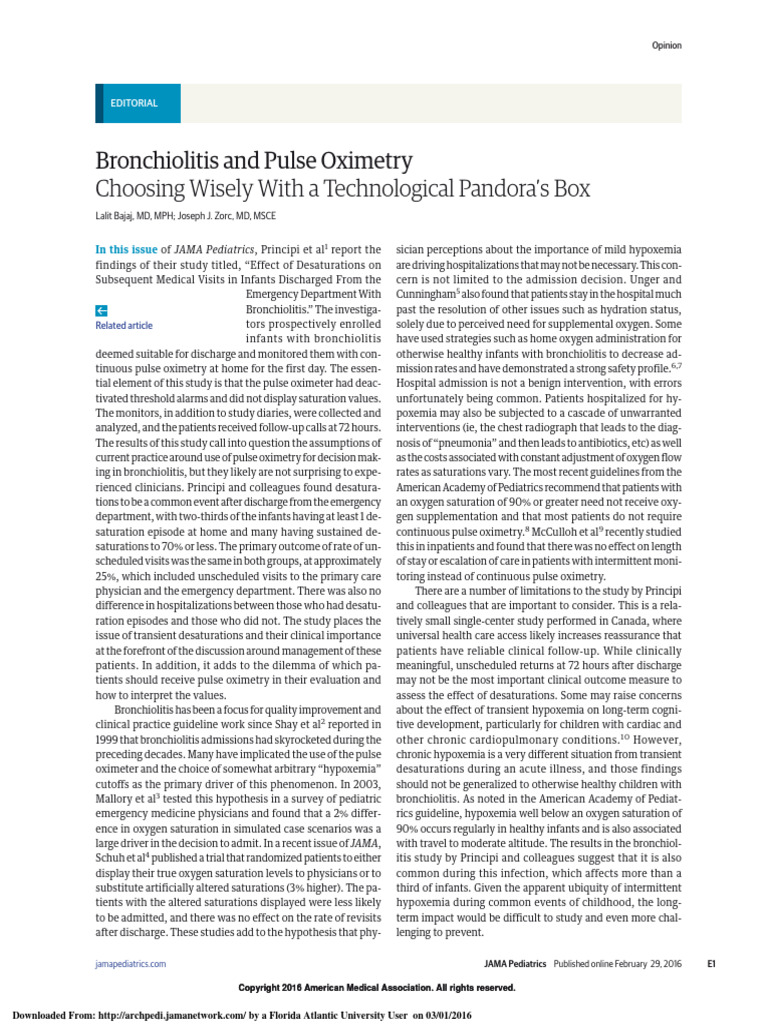 Bronchiolitis and Pulse Oximetry Choosing Wisely With A Technological ...