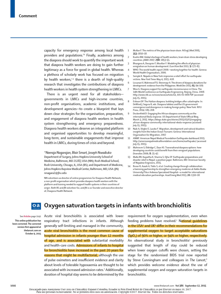 Oxygen Saturation Targets in Infants With Bronchiolitis Lancet 2015 ...