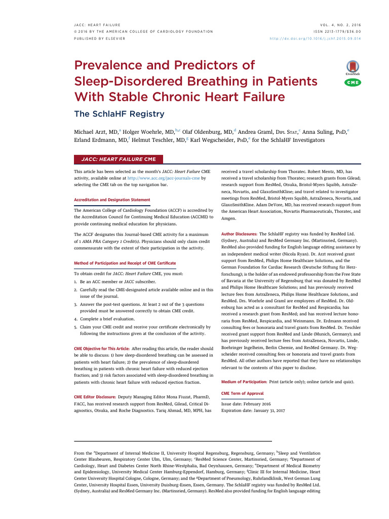 Arzt J Am Coll Cardiol HF 2016 4 116 | PDF | Heart Failure | Sleep Apnea