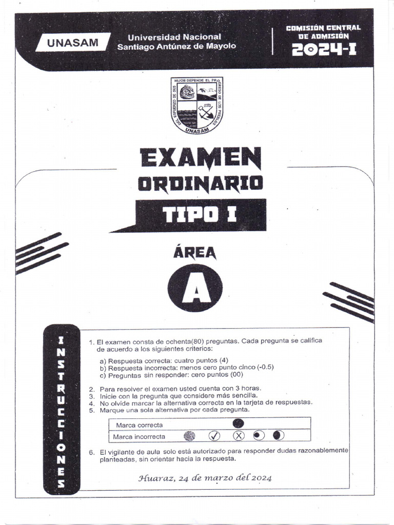 Examen Ordinario UNASAM 2024-I (Área A) | PDF