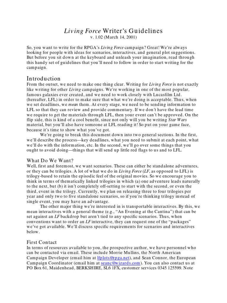 Star Wars Living Force - Campaign Notes - 20030904 - Writer's Guide ...