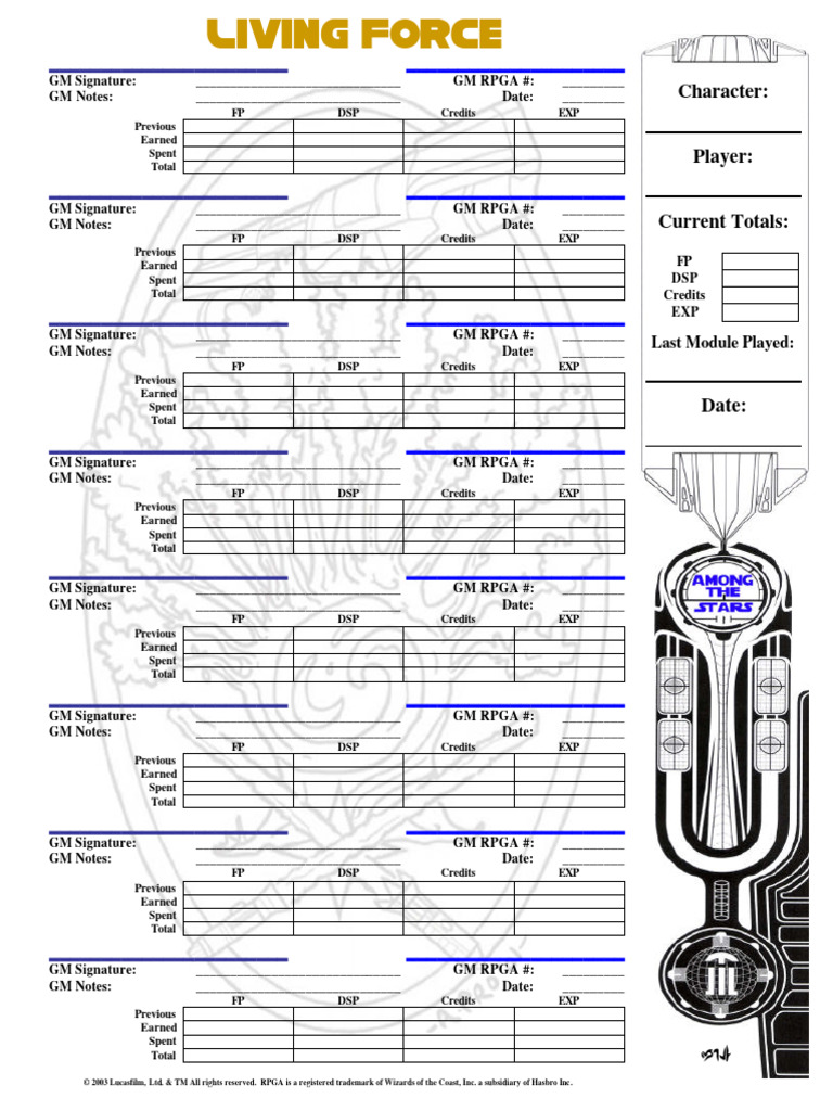 Star Wars Living Force - Campaign Notes - Blank Log Sheet | PDF ...