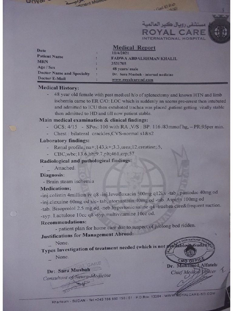 Fadwa Abdulrahman (Medical Report) | PDF