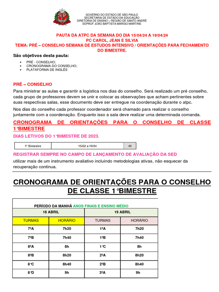 PAUTA DA ATPC 10 A 14042023 Cronograma CONSELHO 2024 1BIMSTRE ...