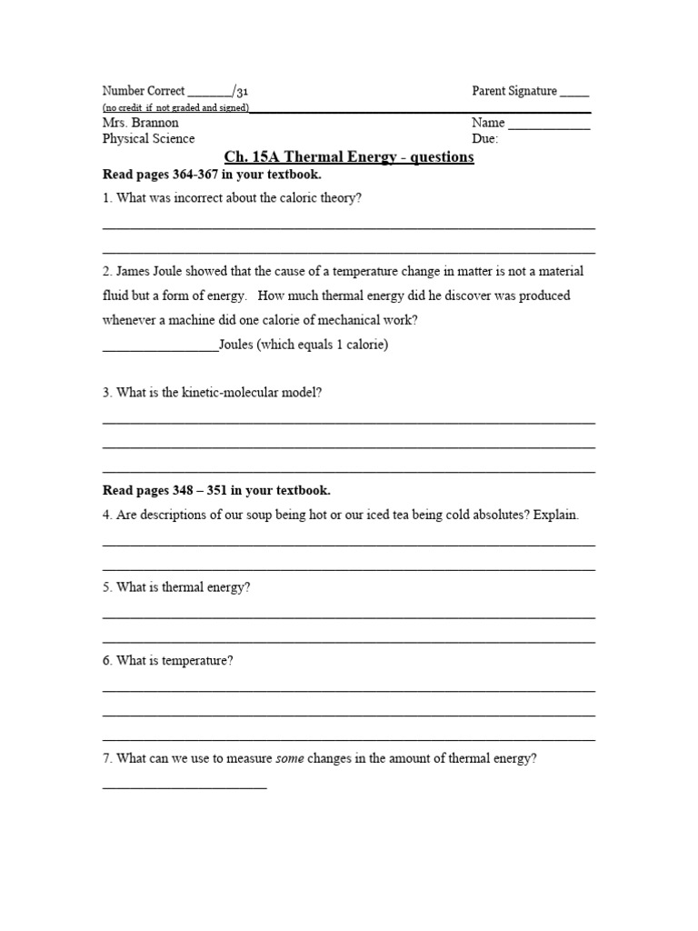 Thermal Energy Questions for Students | PDF | Temperature | Heat