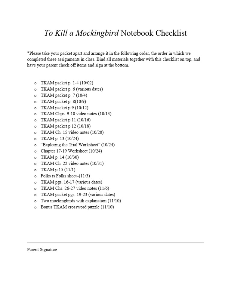 To Kill A Mockingbird Notebook Checklist Fall 2023 | PDF To Kill A Mockingbird Notebook Checklist Fall 2023 | PDF