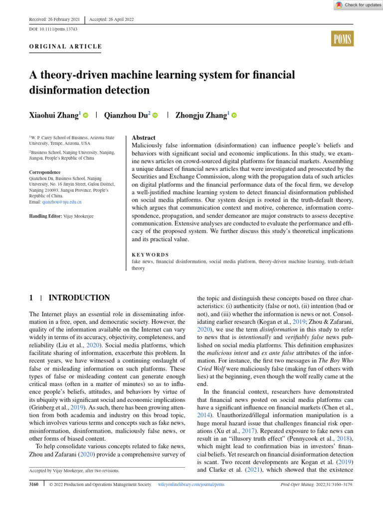 A theory-driven machine learning system for financial disinformation detection | PDF | Social ...