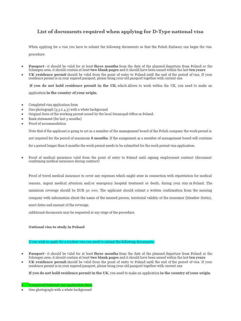 Poland D-Type Visa Document Checklist | PDF | Travel Visa | Passport
