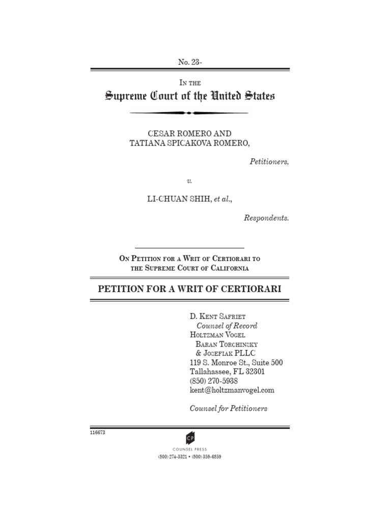 Petition For A Writ of Certiorari, Romero v. Shih, No. 23-1153 (U.S. Apr. 23, 2024) | PDF ...