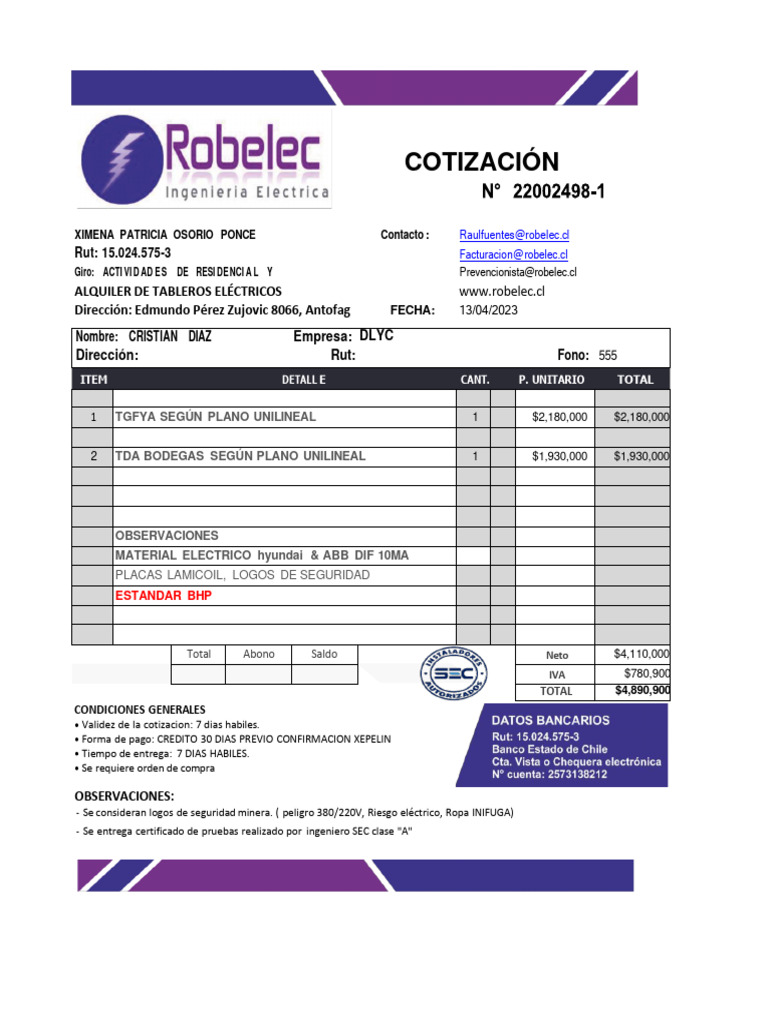 Cotización Alquiler Tableros Eléctricos | PDF | Finanzas y dinero