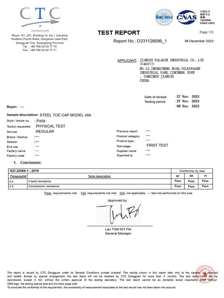 Steel Toe Cap 459 Certificate | PDF