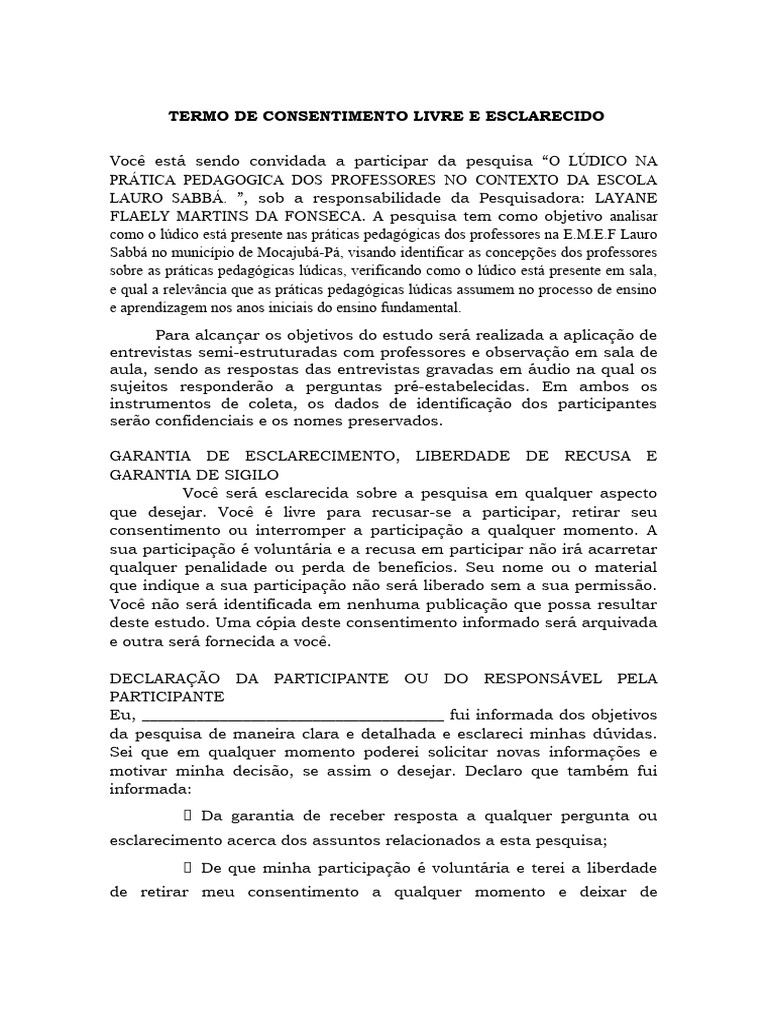 Termo de Consentimento para Pesquisa Educacional | PDF | Pedagogia