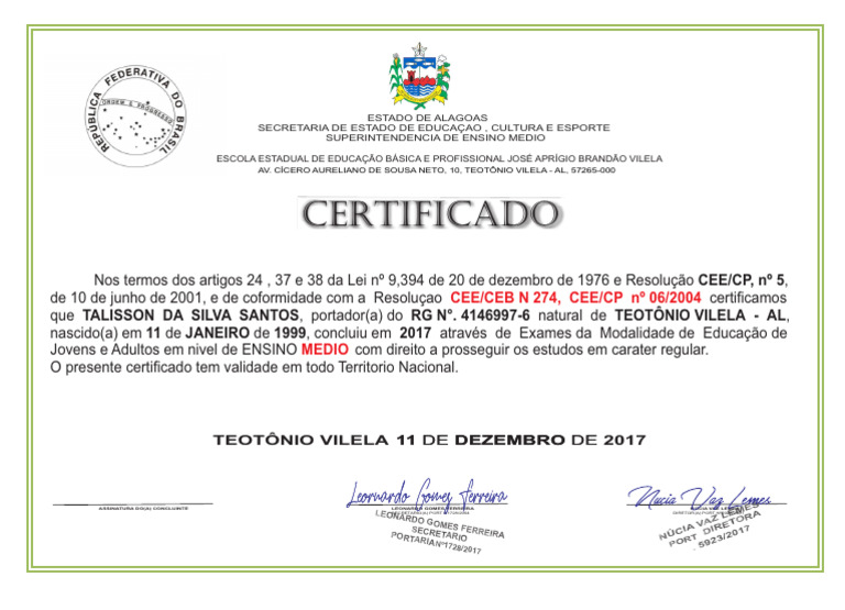 Certificado de Conclusão EJA 2017 | PDF