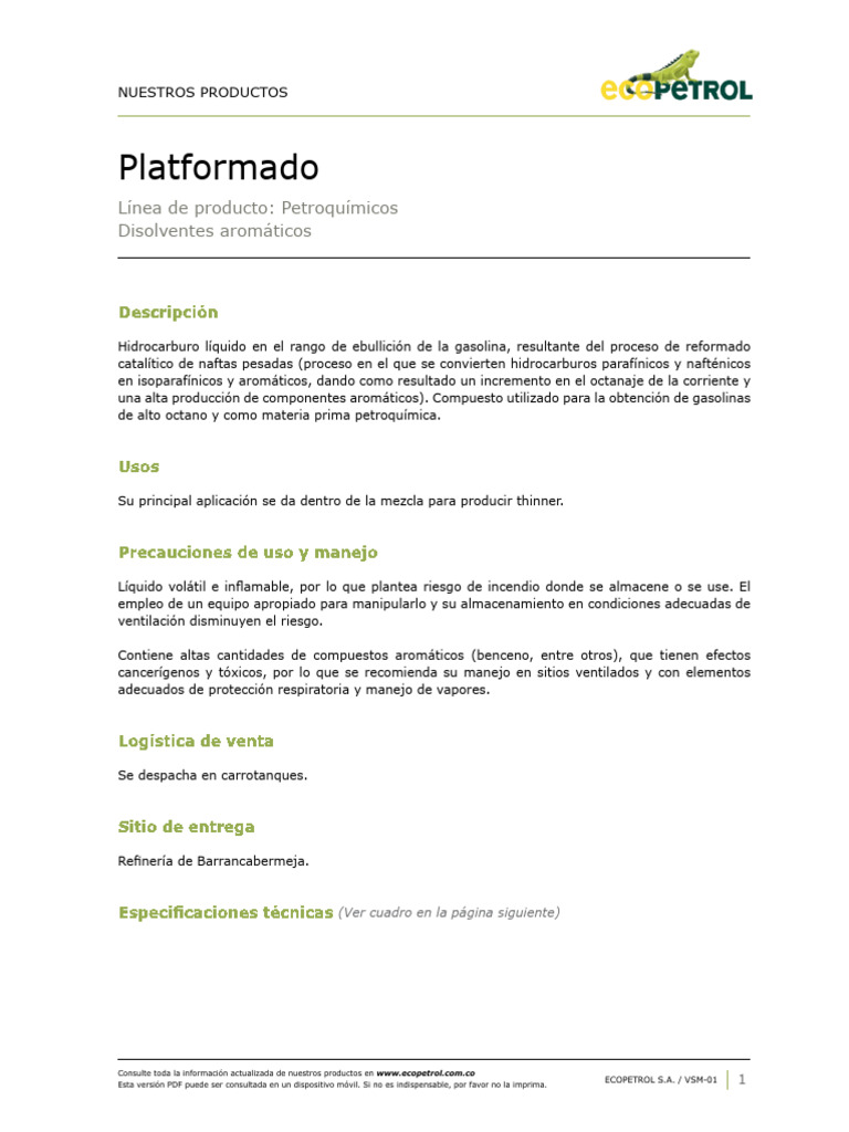 Ecopetrol Platformado VSM-01 | PDF | Gasolina | Refinería de petróleo