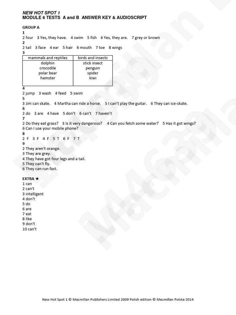 New Hot Spot 4 Module 6 Tests A B Key Audioscript | PDF | Zoology