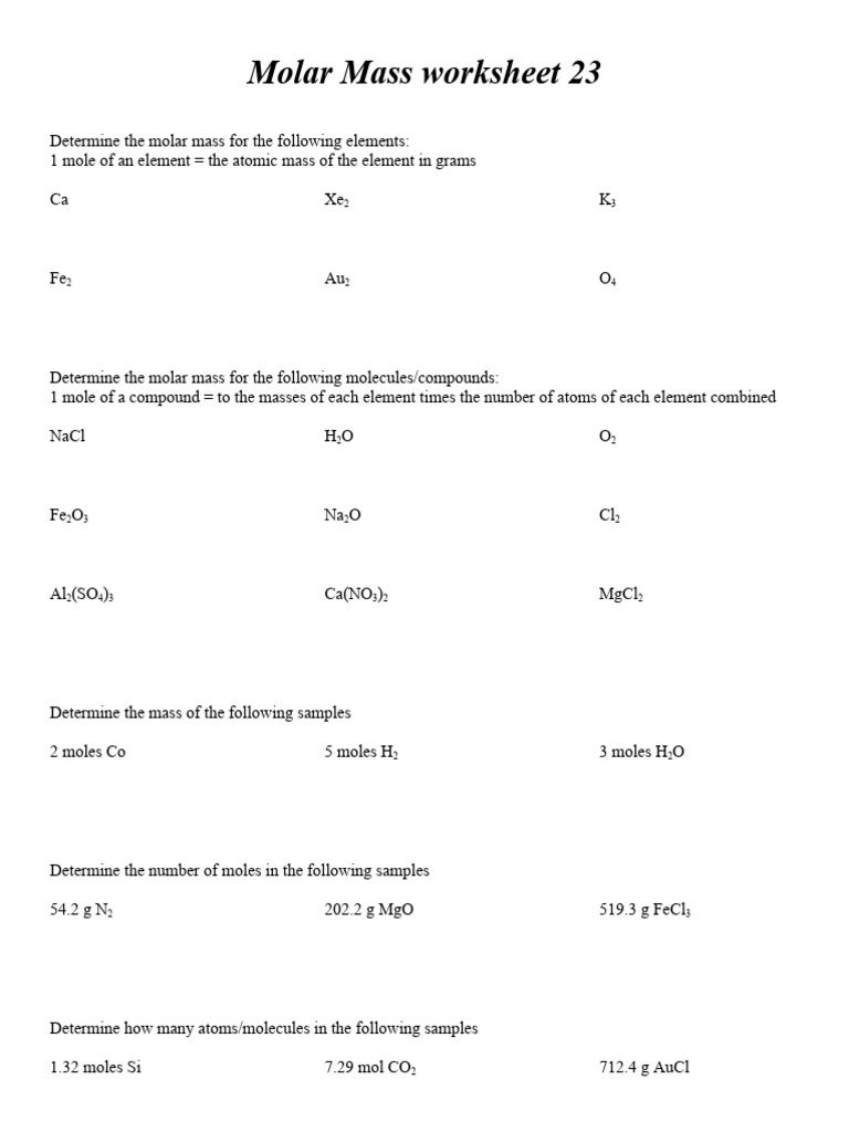 WKSHT 23 Molar Mass Worksheet | PDF | Mole (Unit) | International ...