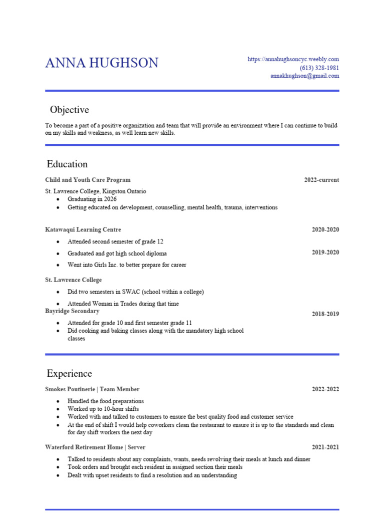 Anna Hughsons Resume - April 2024 | PDF | Meal