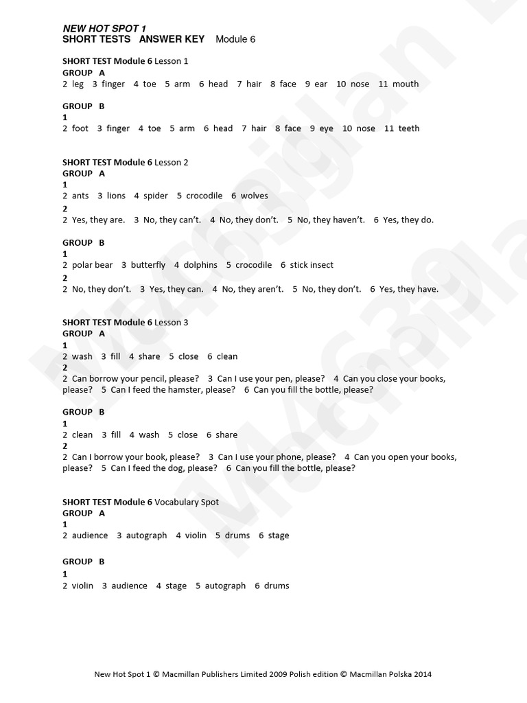 New Hot Spot 4 Module 6 Short Tests Key | PDF