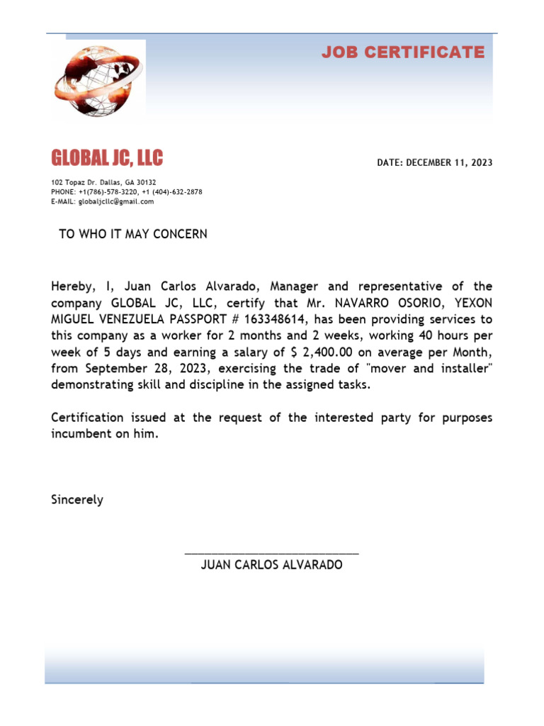 Job Certificate for Yexon Navarro Osorio | PDF | Finance & Money Management