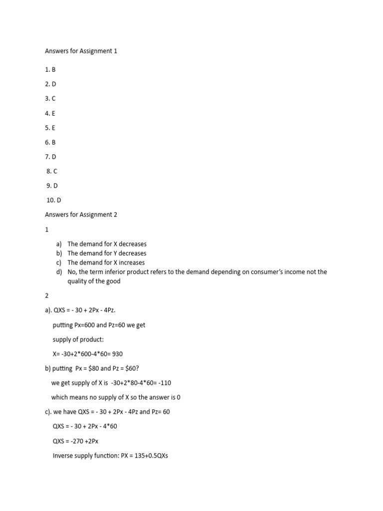 Answers For Assignment 1 | PDF | Elasticity (Economics) | Demand
