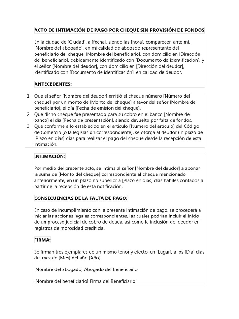 ACTO DE INTIMACIÓN DE PAGO POR CHEQUE SIN PROVISIÓN DE FONDO1.docx Mandar A Minolis para Su ...