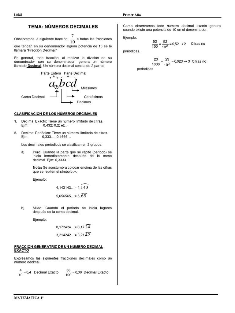 18MATEMATICA - 1ro - Sec - Numeros Decimales | PDF | Notación | División (Matemáticas)