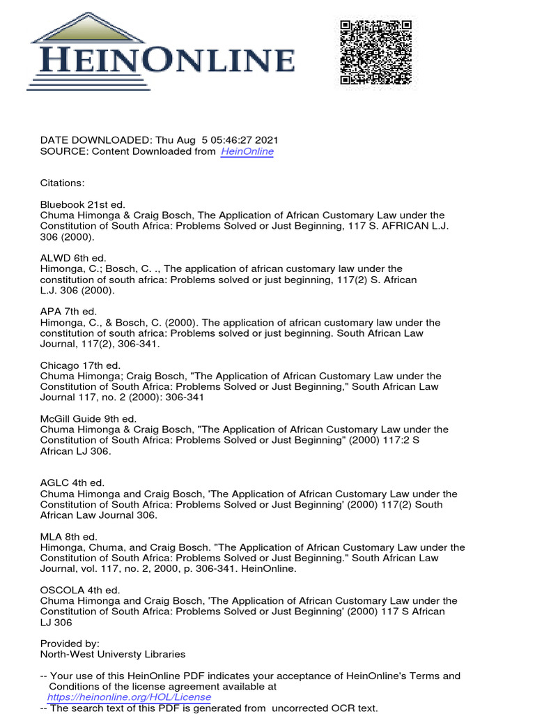 C Himonga and C Bosch The Application of African Customary Law Under The Constitution of South ...