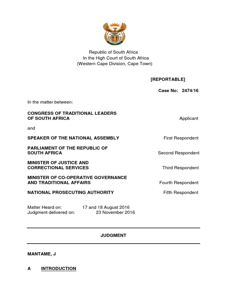 Contralesa Vs Speaker of The National Assembly (Buyelekhaya Dalinyebo ...