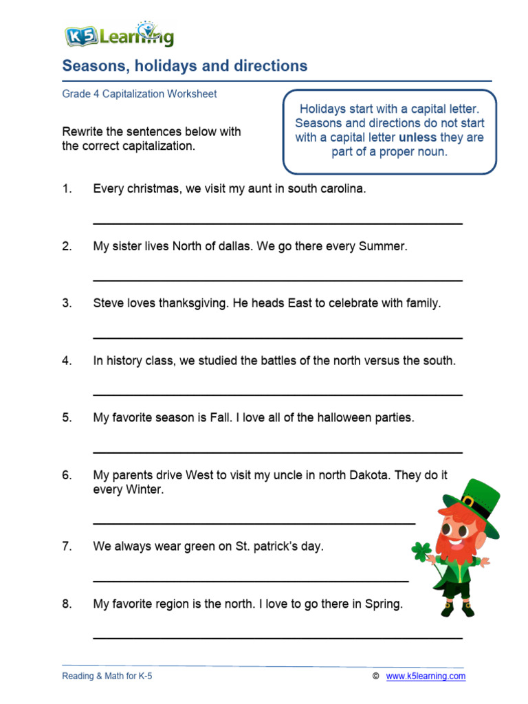 Grade 4 Capitalization Seasons Holidays Directions A PDF | PDF ...