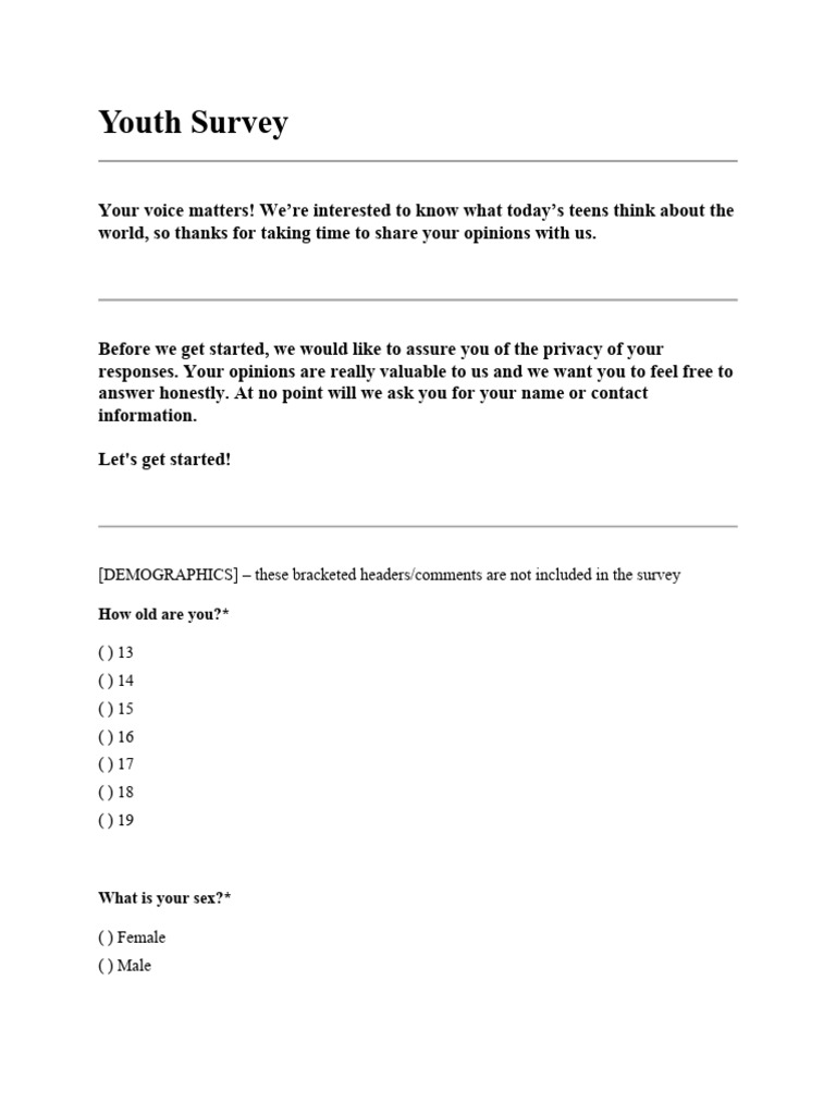 Youth Survey: (DEMOGRAPHICS) - These Bracketed Headers/comments Are Not ...