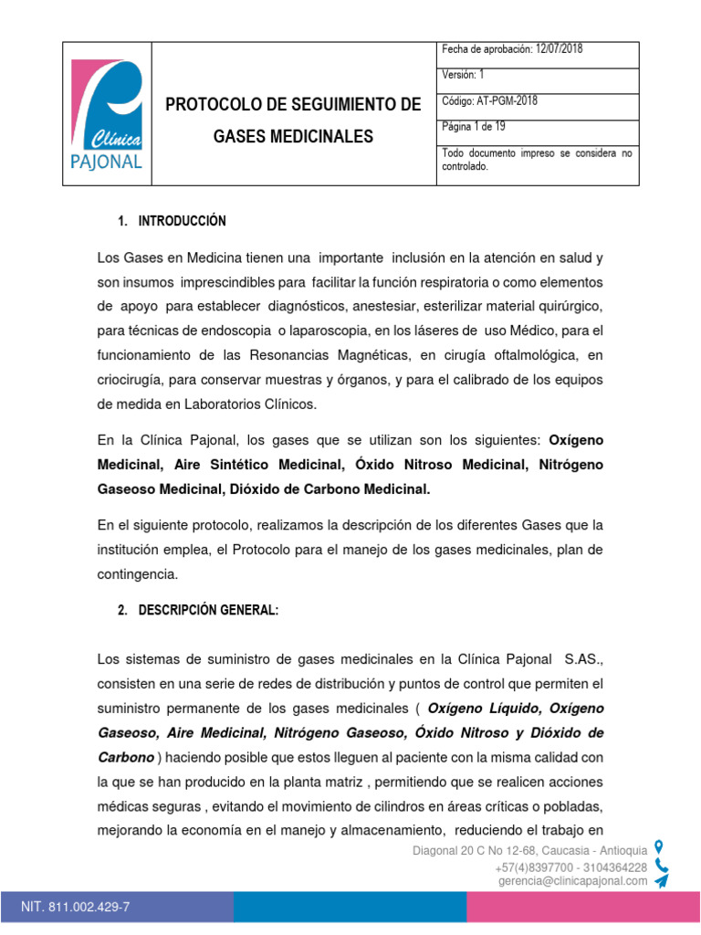 AT-PGM-2018 Protocolo de Seguimiento de Gases Medicinales | PDF | Óxido nitroso | Oxígeno