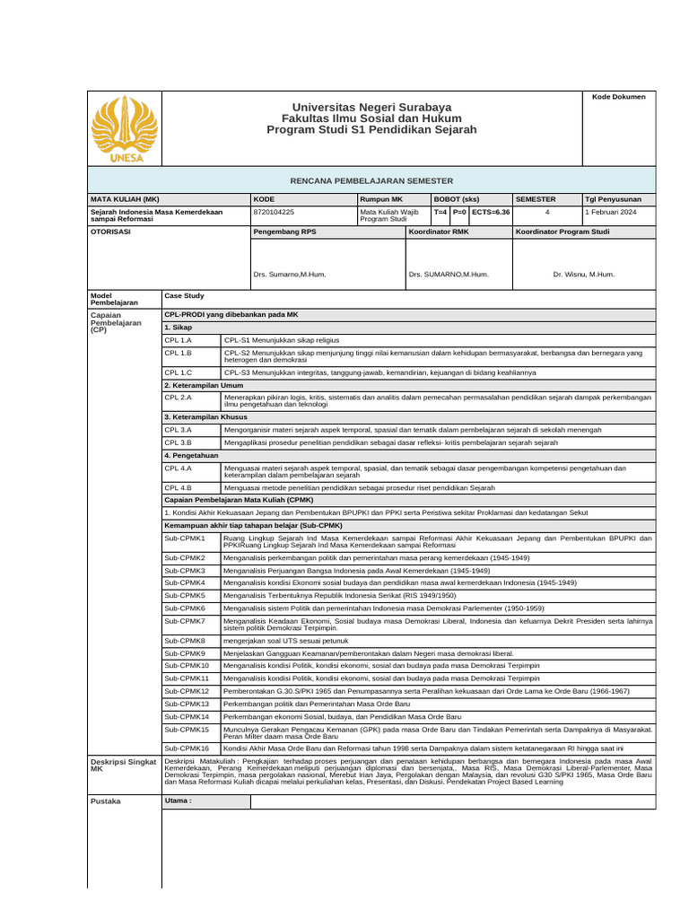 RPS Sejarah Indonesia Masa Kemerdekaan Sampai Reformasi | PDF