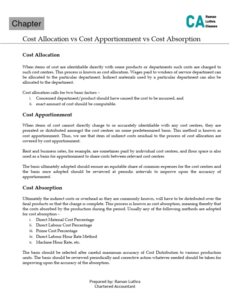 Cost Allocation Vs Cost Apportionment Vs Cost Absorption | PDF | Cost ...