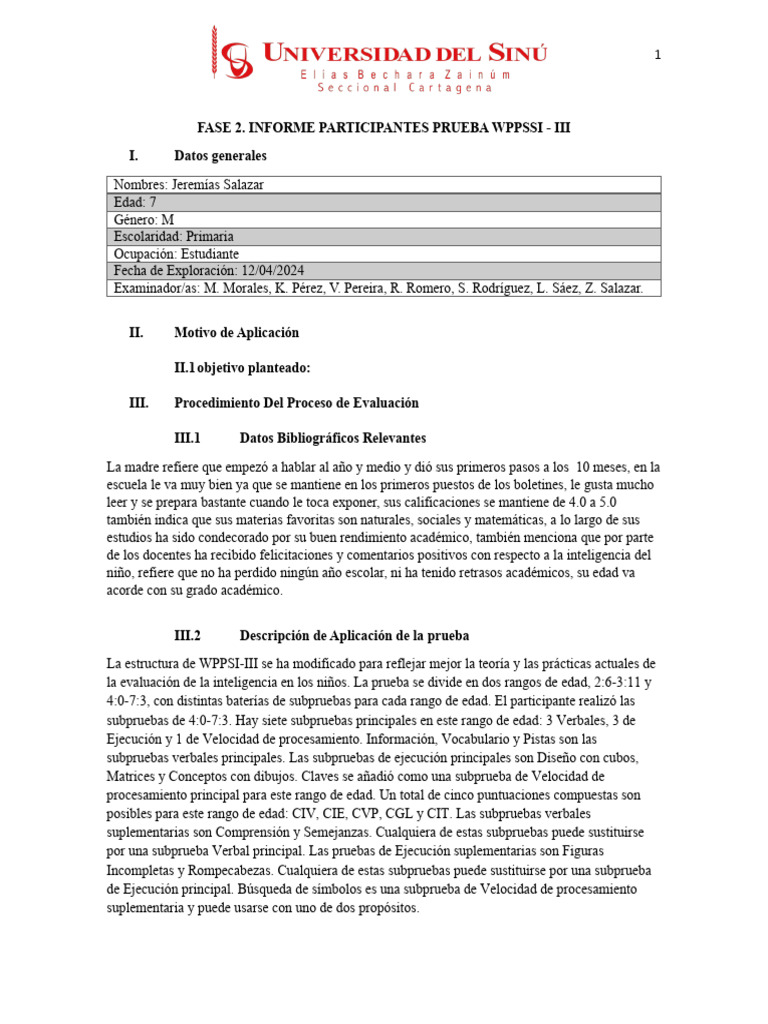 Informe Wppsi III | Descargar gratis PDF | Cociente de inteligencia ...