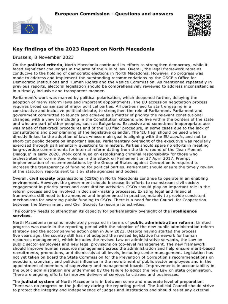 EU Commission - Key findings - Report on North Macedonia (2023) | PDF ...
