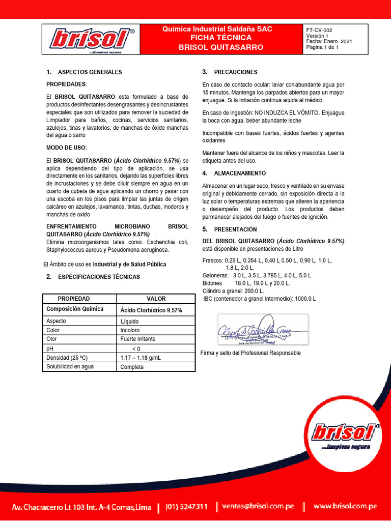 Brisol Quitasarro: Desengrasante Industrial | PDF | Agua | Química