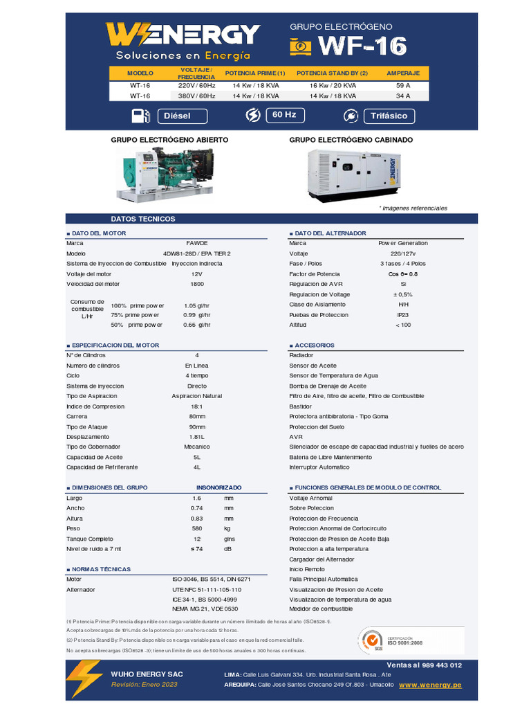Ficha Tecnica Wenergy - Modelo WF-16 | Descargar gratis PDF | Energia electrica | Poder (Física)