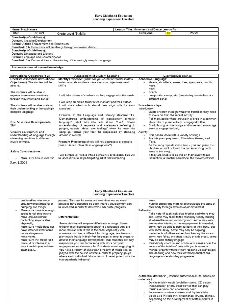 Movement and Dance Lesson Plan | PDF | Early Childhood Education | Learning